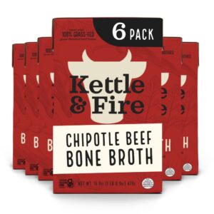 kettle and fire chipotle beef bone broth, keto, paleo, and whole 30 approved, gluten free, high in protein and collagen, 6 pack