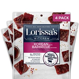 lorissa's kitchen premium grass-fed steak strips, korean barbecue, 2.25 oz. 4 count - no added msg or nitrites, keto friendly snacks & gluten free, more tender than traditional beef jerky