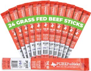 pureprosticks - 24 pack of low sugar 100% grass fed beef sticks - original flavor mild - delicious gluten free beef snack - high protein keto & paleo friendly - 24 beef sticks