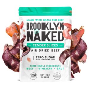 brooklyn biltong - air dried grass fed beef snack, south african beef jerky - whole30 approved, paleo, keto, gluten free, sugar free, made in usa - 8 oz. bag (naked)