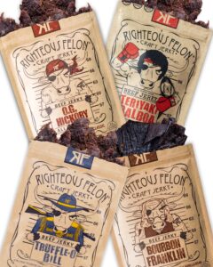 righteous felon beef jerky | all-natural jerky - locally sourced & dried beef jerky - low-sugar healthy jerky snacks (sampler pack)