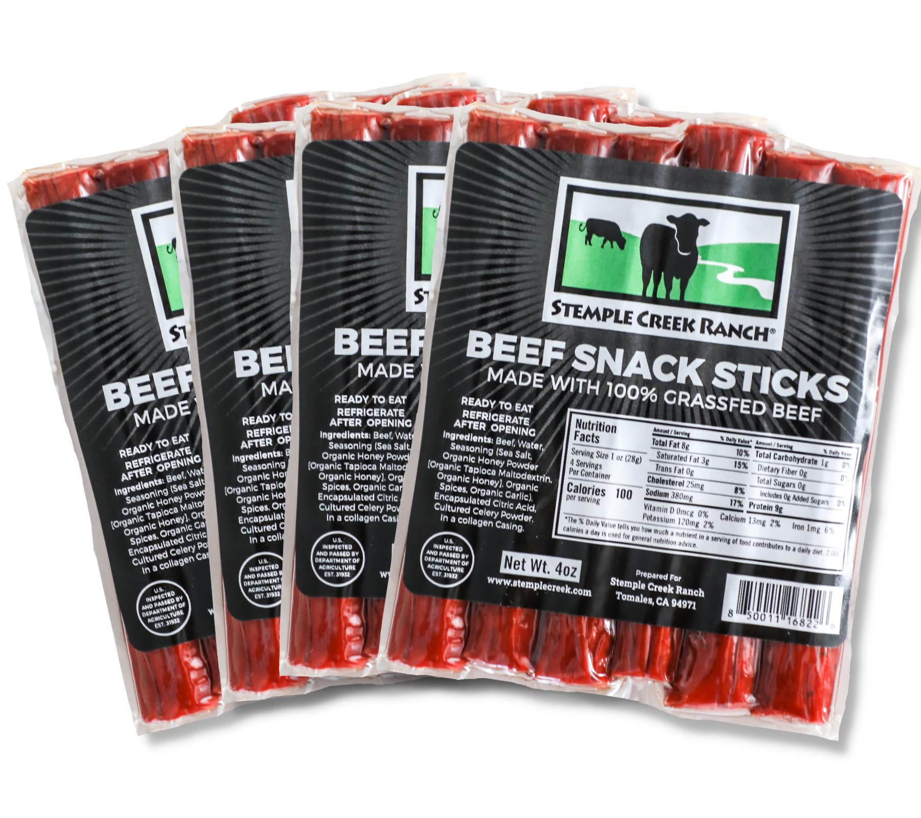 Beef Sticks by Stemple Creek Ranch | 100% Grass-fed Beef | Antibiotic Free | Sugar Free | 4 Pack