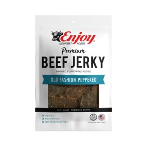 enjoy beef jerky old fashion peppered | 8 oz (pack of 1) | traditional style | usa made | high protein | low fat | zero trans fat | no preservatives | no msg | no nitrites | resealable bag