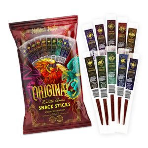 mythical meats original exotic flavor sampler pack – 10 exotic game and beef snack sticks – dried & dehydrated meats seasoned to perfection – high protein snacks