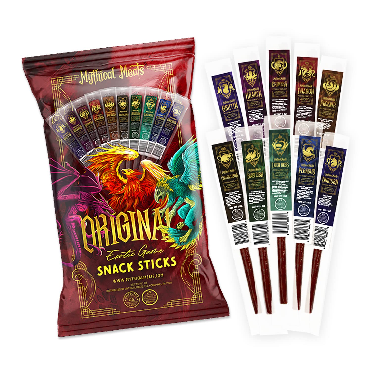 Mythical Meats Original Exotic Flavor Sampler Pack – 10 Exotic Game and Beef Snack Sticks – Dried & Dehydrated Meats Seasoned to Perfection – High Protein Snacks