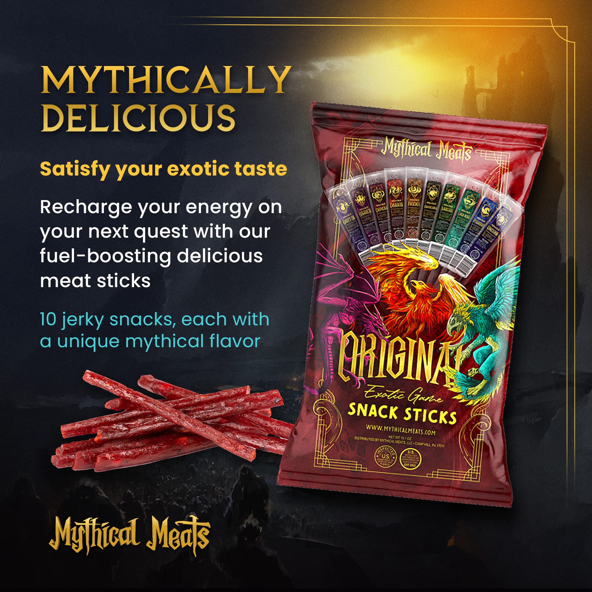 Mythical Meats Original Exotic Flavor Sampler Pack – 10 Exotic Game and Beef Snack Sticks – Dried & Dehydrated Meats Seasoned to Perfection – High Protein Snacks