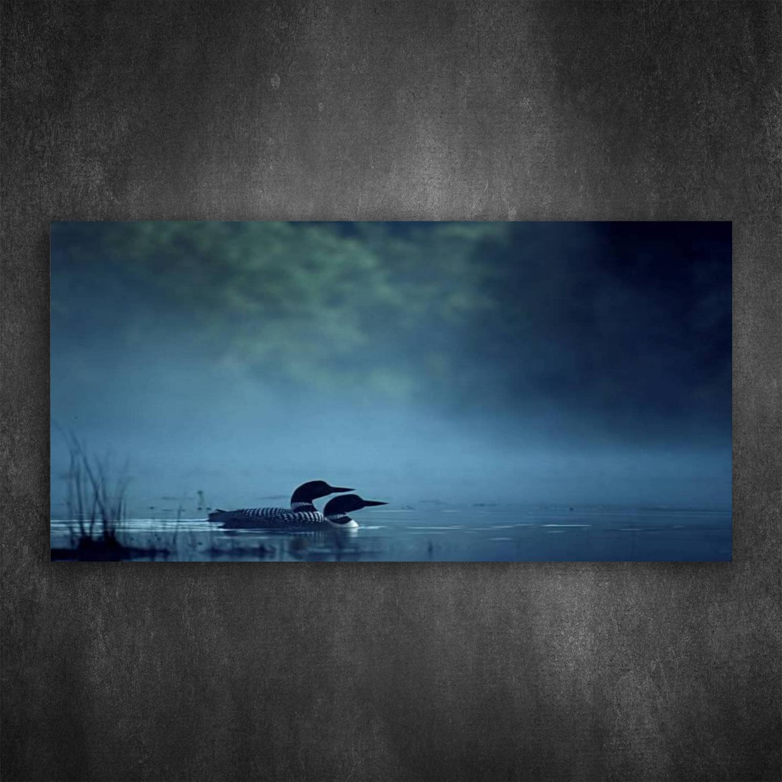 Canvas Wall Art Pair of Loons on Foggy Pond Painting Poster Print Pictures On Canvas Framed Giclee Artwork Ready to Hang for Home Office Wall Decor