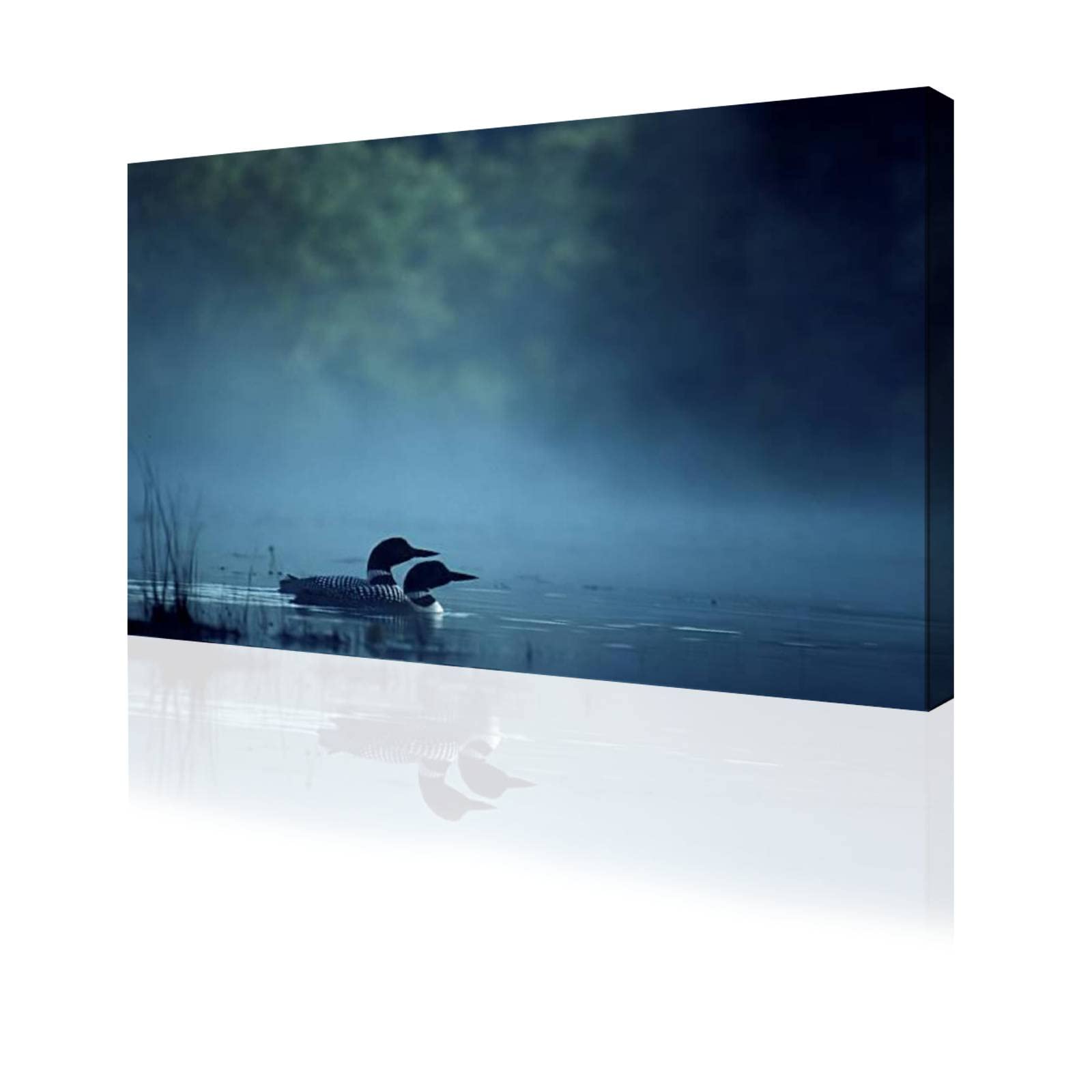 Canvas Wall Art Pair of Loons on Foggy Pond Painting Poster Print Pictures On Canvas Framed Giclee Artwork Ready to Hang for Home Office Wall Decor