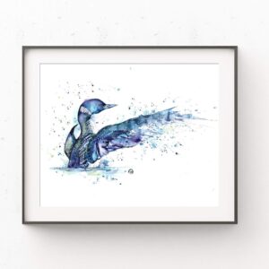 loon wall art print by whitehouse art | loon bird gifts, loon art, woodland birds, bird decorations for the home | professional art print of a original loon watercolor painting | 5 sizes