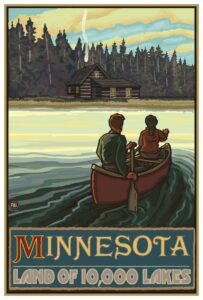 art of place minnesota lake canoers forest cabin giclee art print poster from travel artwork by artist paul a. lanquist 12" x 18"