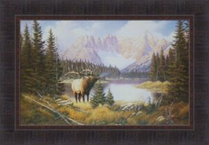 call of the wild by derk hansen 18x26 bull elk mountains lake framed art print wall décor picture