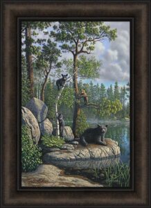 the guardian by kim norlien 16x22 black bears mama bear cubs trees rocks lake framed art wall décor print picture