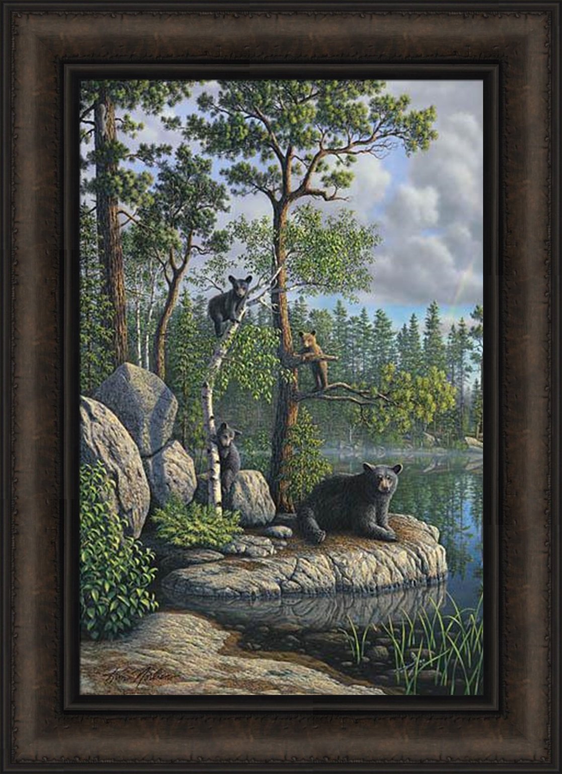 The Guardian by Kim Norlien 16x22 Black Bears Mama Bear Cubs Trees Rocks Lake Framed Art Wall Décor Print Picture