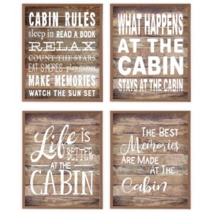 vnwek cabin rules life is better at the cabin wood grain wall art poster prints unframed 8”x10”set of 4,cabin themed decorations for home cabin front porch lake house porch,cabin lovers gifts