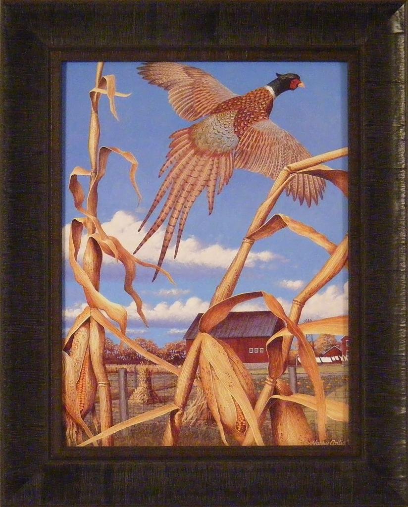 Home Cabin Décor Indian Summer Pheasant by Harry Antis 17x21 Red Barn Farm Corn Stalks Bird Framed Art Print Picture