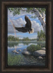 on eagle's wings by kim norlien 16x22 soaring eagle lake rainbow rocks birch tree framed art wall décor print picture