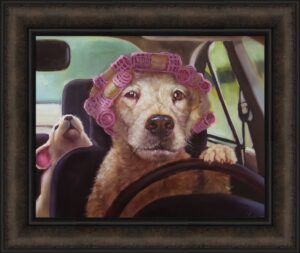 mommy chauffeur by lucia heffernan 16x19 mom dog with curlers driving kid puppy crying howling in backseat funny humorous pet framed animal art print picture