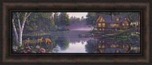 sweet serenity by kim norlien 12x28 log cabin home deer fawns doe lake framed art print picture