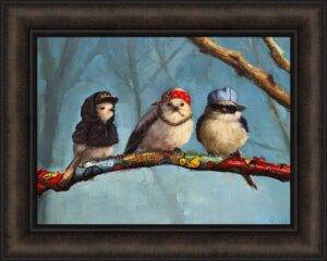 home cabin décor birdz in da hood by lucia heffernan 16x20 bird gang graffiti tree branch bandana caps smoking chains chickadees humorous framed art print picture