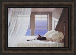 home cabin décor nap time by zhen-huan lu 16x22 cat kitten sleeping bed waterscape blowing curtain windows framed art print picture