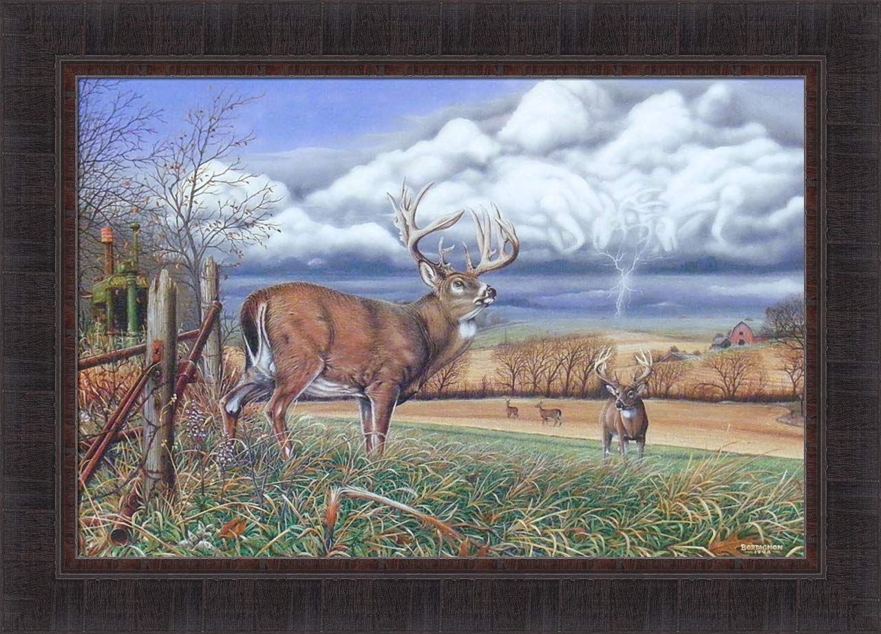 Home Cabin Décor When Tempers Flare by Greg Bordignon 20x28 Deer Buck Doe Clouds Bucks Fighting Framed Art Print Picture