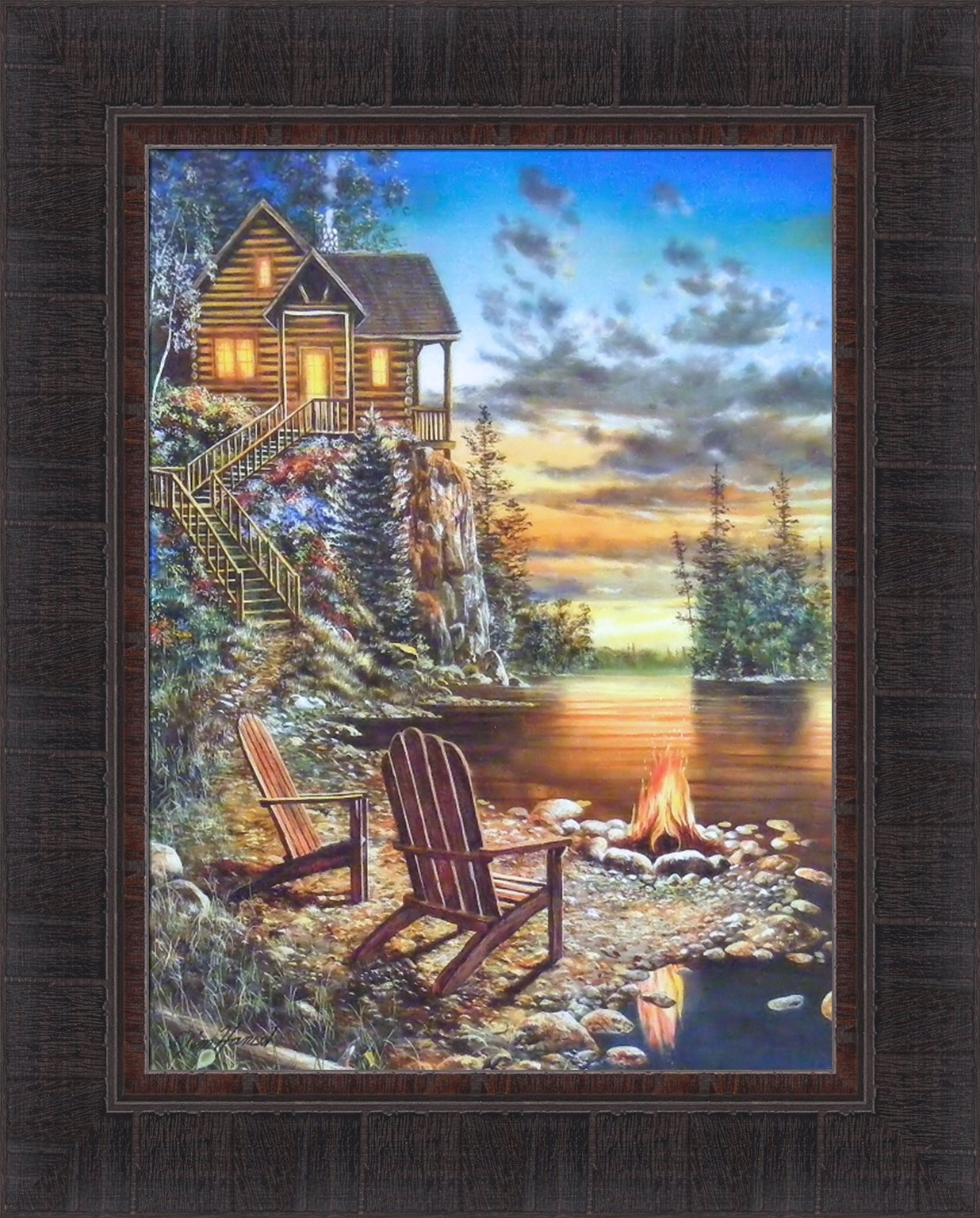 Summer Pleasures by Jim Hansel 17x21 Log Cabin Campfire Lake Sunset Framed Art Print Wall Décor Picture