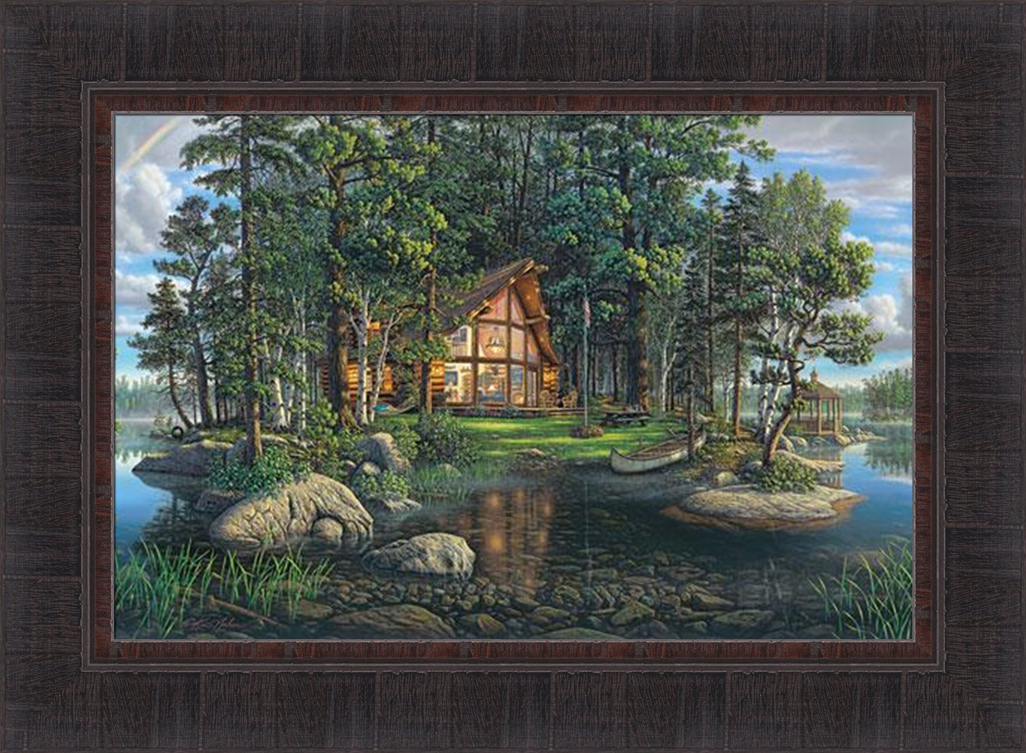 Freedom's Promise by Kim Norlien 17x23 Log Cabin Lake God Bless America Hidden Objects Gazebo Canoe Framed Art Print Picture