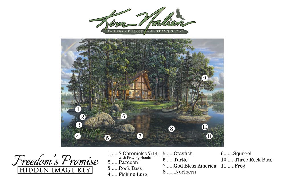 Freedom's Promise by Kim Norlien 17x23 Log Cabin Lake God Bless America Hidden Objects Gazebo Canoe Framed Art Print Picture