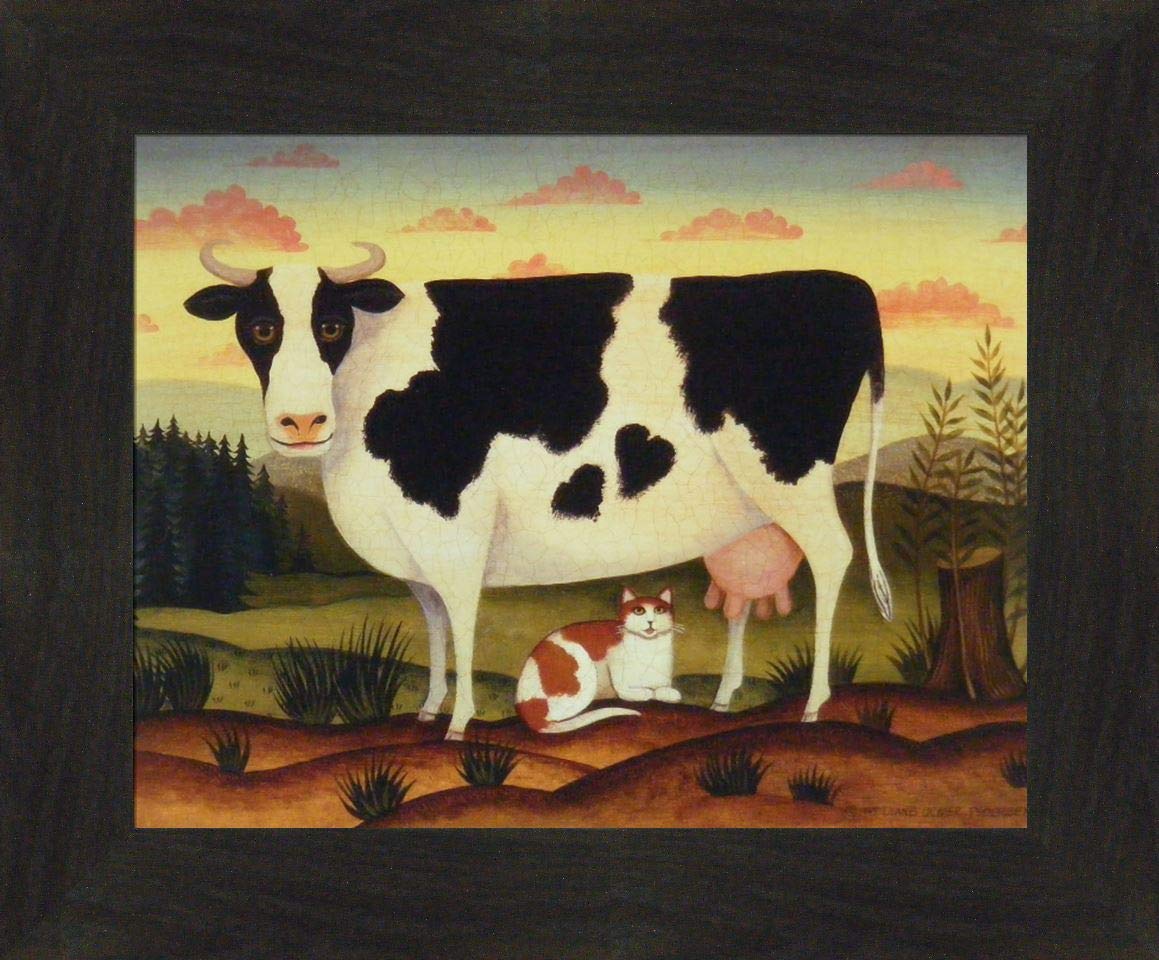 Home Cabin Décor Cow and Cat by Diane Ulmer Pedersen 15x18 Farm Barn Animals Kitty Framed Folk Art Print Picture