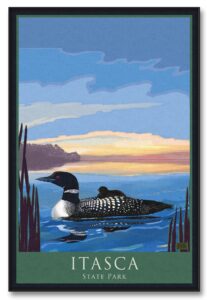 itasca state park loon & chick professionally framed giclee archival canvas wall art for home & office by artist joanne kollman 30" x 45"