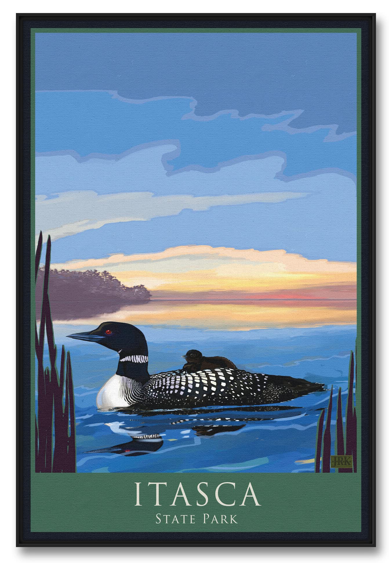 Itasca State Park Loon & Chick Professionally Framed Giclee Archival Canvas Wall Art for Home & Office by Artist Joanne Kollman 30" x 45"