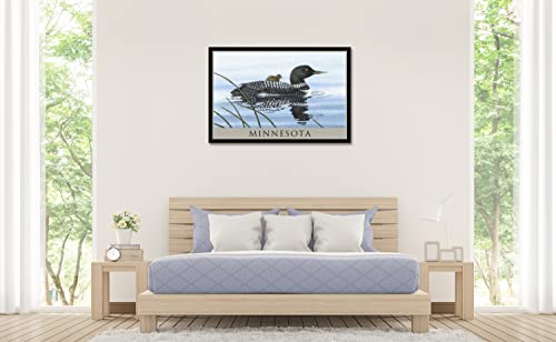 Minnesota Loon And Chick Professionally Framed Giclee Archival Canvas Wall Art for Home & Office from Watercolor by Artist Dave Bartholet 30" x 45"