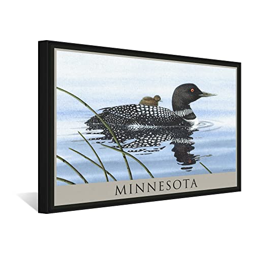 Minnesota Loon And Chick Professionally Framed Giclee Archival Canvas Wall Art for Home & Office from Watercolor by Artist Dave Bartholet 30" x 45"