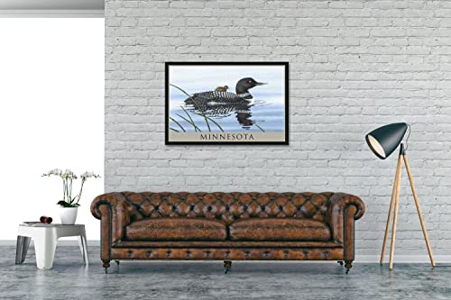 Minnesota Loon And Chick Professionally Framed Giclee Archival Canvas Wall Art for Home & Office from Watercolor by Artist Dave Bartholet 30" x 45"