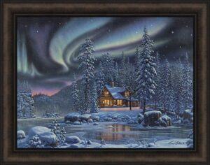 aurora bliss by kim norlien 22x28 northern lights winter log cabin night stars snow lake framed art print picture