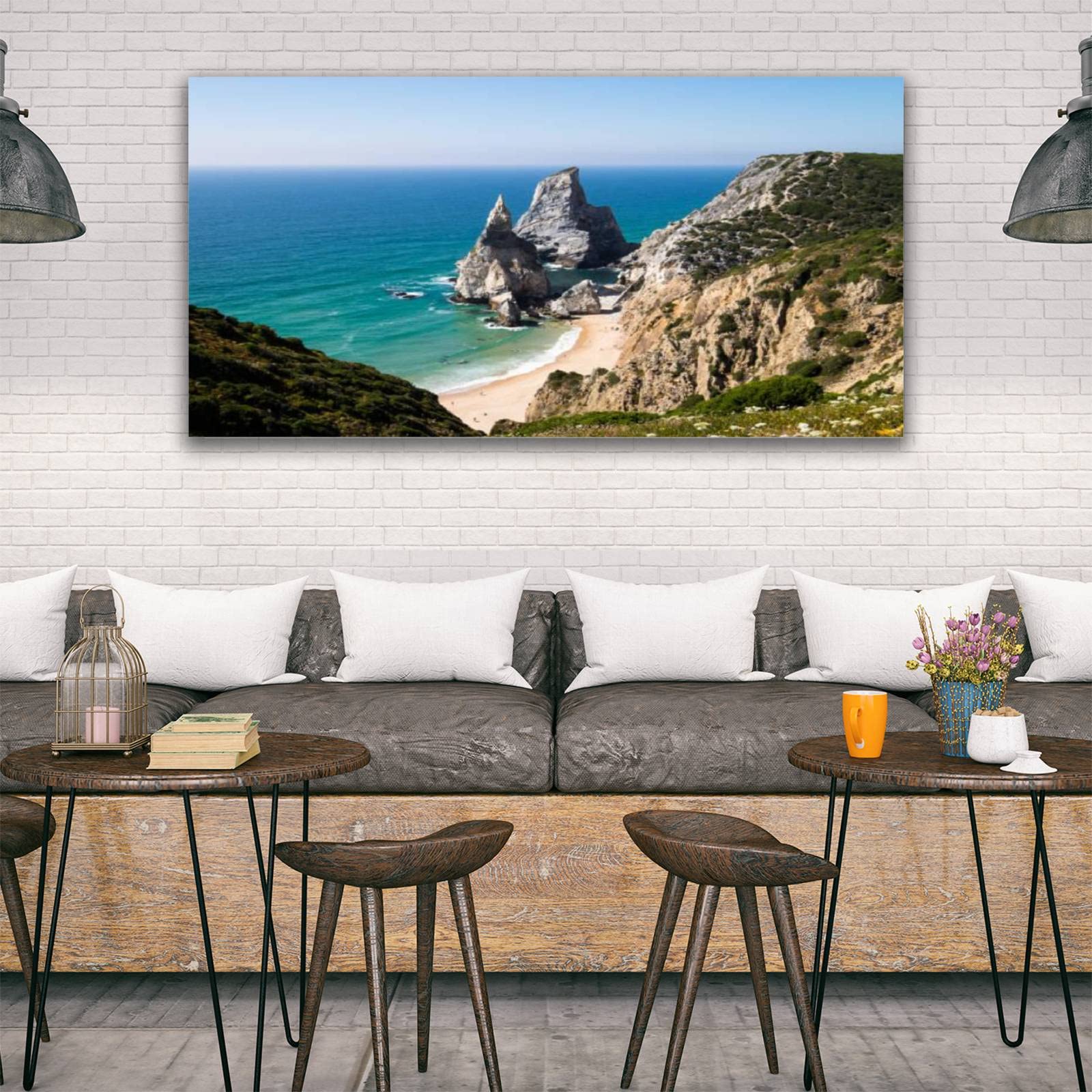 Framed Canvas Wall Art Print On Canvas Praia da Ursa beach on a sunny day Portugal Pictures Posters Artwork for Living Room Bedroom Ready to Hang Wall Decor 20X40