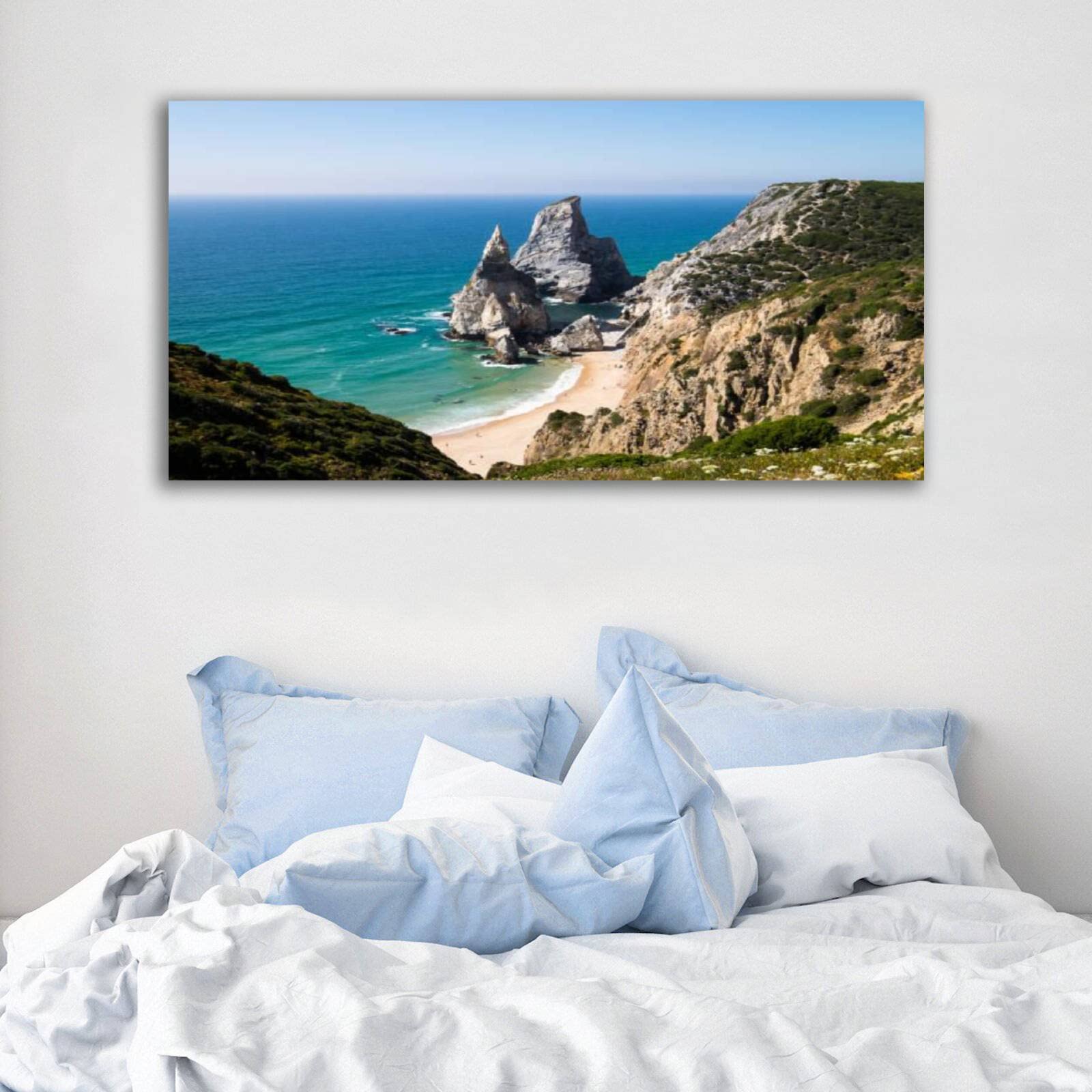 Framed Canvas Wall Art Print On Canvas Praia da Ursa beach on a sunny day Portugal Pictures Posters Artwork for Living Room Bedroom Ready to Hang Wall Decor 20X40