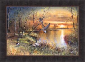 home cabin décor evening refuge by jim hansel 24x33 autumn fall sunset geese lake waterfowl framed art print picture