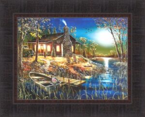 after dark by jim hansel 17x21 cabin lake boat dock dog framed art print wall décor picture