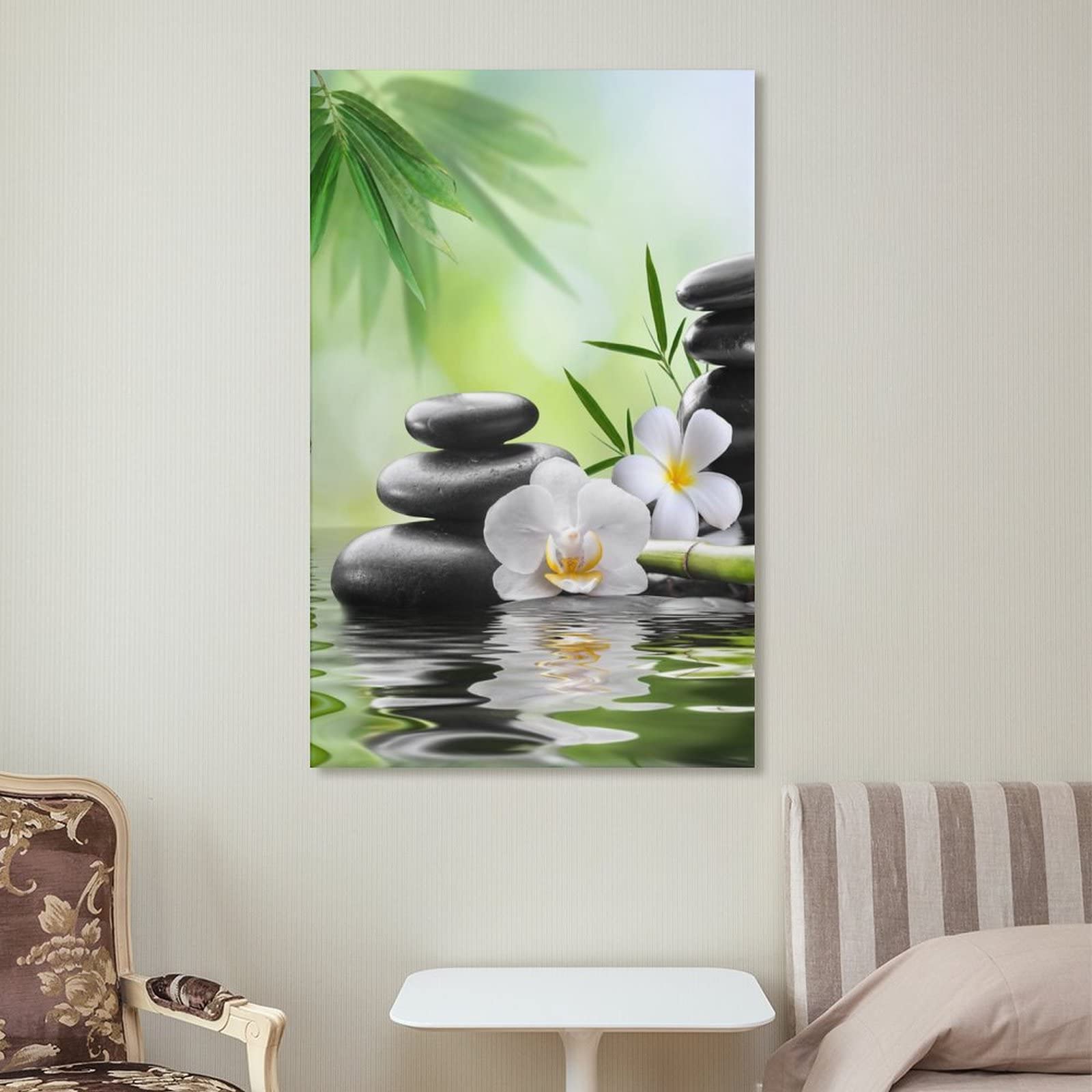 Zen Spring Garden Japanese Style Wall Decor Poster for Home,Spa Black Stone White Flower Green Bamboo Print Canvas Art Picture Print Modern Family Bedroom Decor Posters 24x36inch(60x90cm)