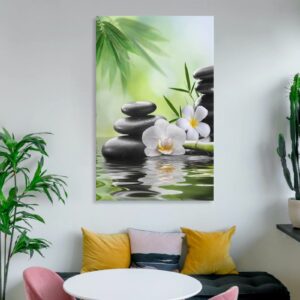 Zen Spring Garden Japanese Style Wall Decor Poster for Home,Spa Black Stone White Flower Green Bamboo Print Canvas Art Picture Print Modern Family Bedroom Decor Posters 24x36inch(60x90cm)