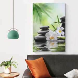 Zen Spring Garden Japanese Style Wall Decor Poster for Home,Spa Black Stone White Flower Green Bamboo Print Canvas Art Picture Print Modern Family Bedroom Decor Posters 24x36inch(60x90cm)