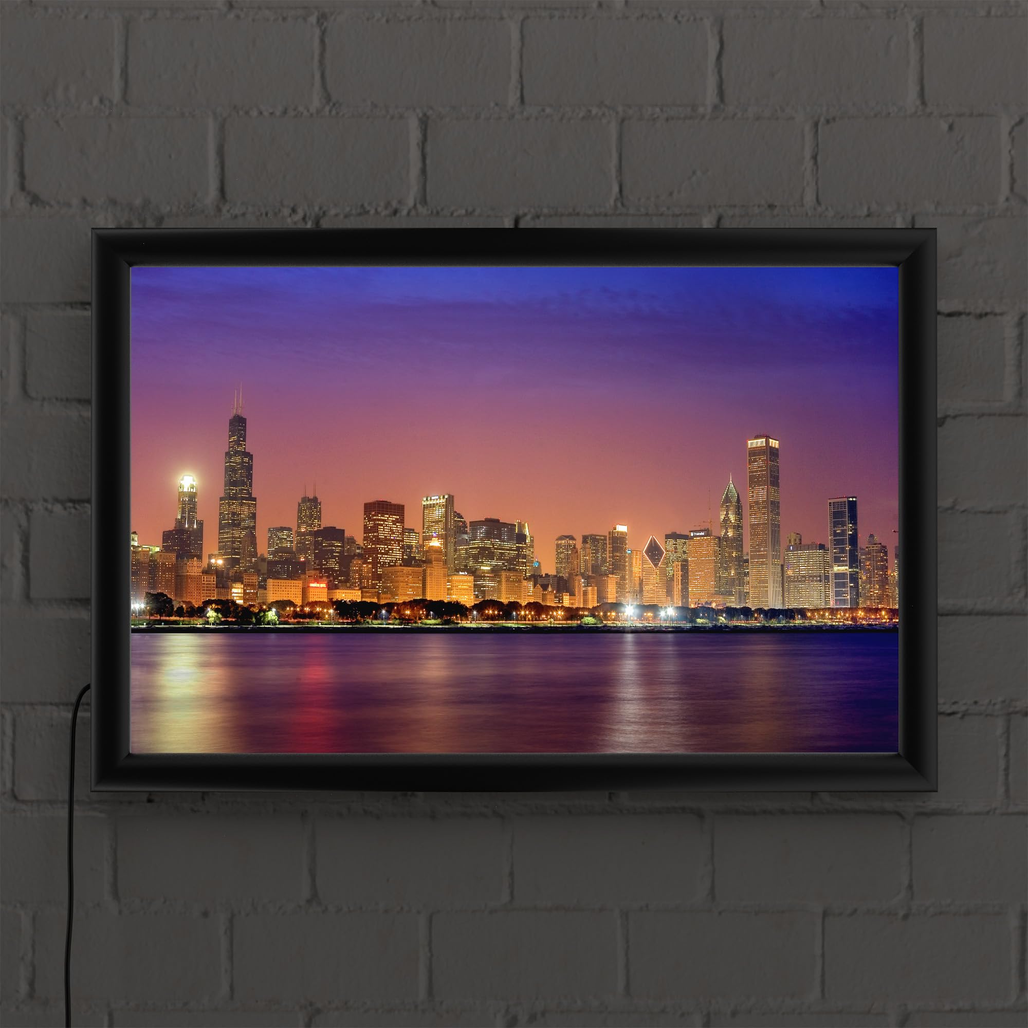 Trademark Fine Art Mike Jones Photo 'Chicago Dusk full skyline' - Backlit LED Lightbox with Metal Frame - Ready to Hang with Anti-Glare Acrylic Cover