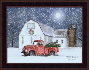 home cabin décor wintry weather by billy jacobs 15x19 farm barn old truck christmas trees wreath silo full moon winter seasons framed folk art print picture