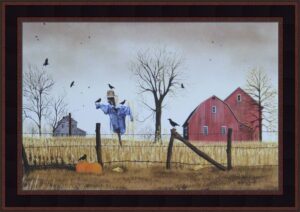 home cabin décor after the harvest by billy jacobs 15x21 scarecrow corn field barn farm pumpkins crows autumn fall primitive folk art framed picture