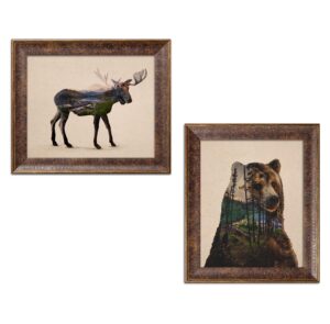 rustic double exposure bull moose and bear landscape set; cabin lodge decor; one 11x14 and one 14x11in gold trim brown framed poster print