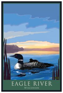 eagle river wisconsin loon & chick giclee art print poster from illustration by artist joanne kollman 12" x 18"