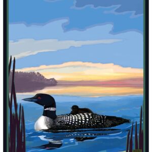 Eagle River Wisconsin Loon & Chick Giclee Art Print Poster from Illustration by Artist Joanne Kollman 12" x 18"