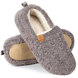 everfoams women’s soft curly full slippers memory foam lightweight house shoes cozy loafer with polar fleece lining grey,7-8 us