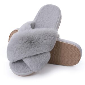 Comwarm Women's Cross Band Fuzzy Slippers Fluffy Open Toe House Slippers Cozy Plush Bedroom Shoes Indoor Outdoor, Grey Size 7-8